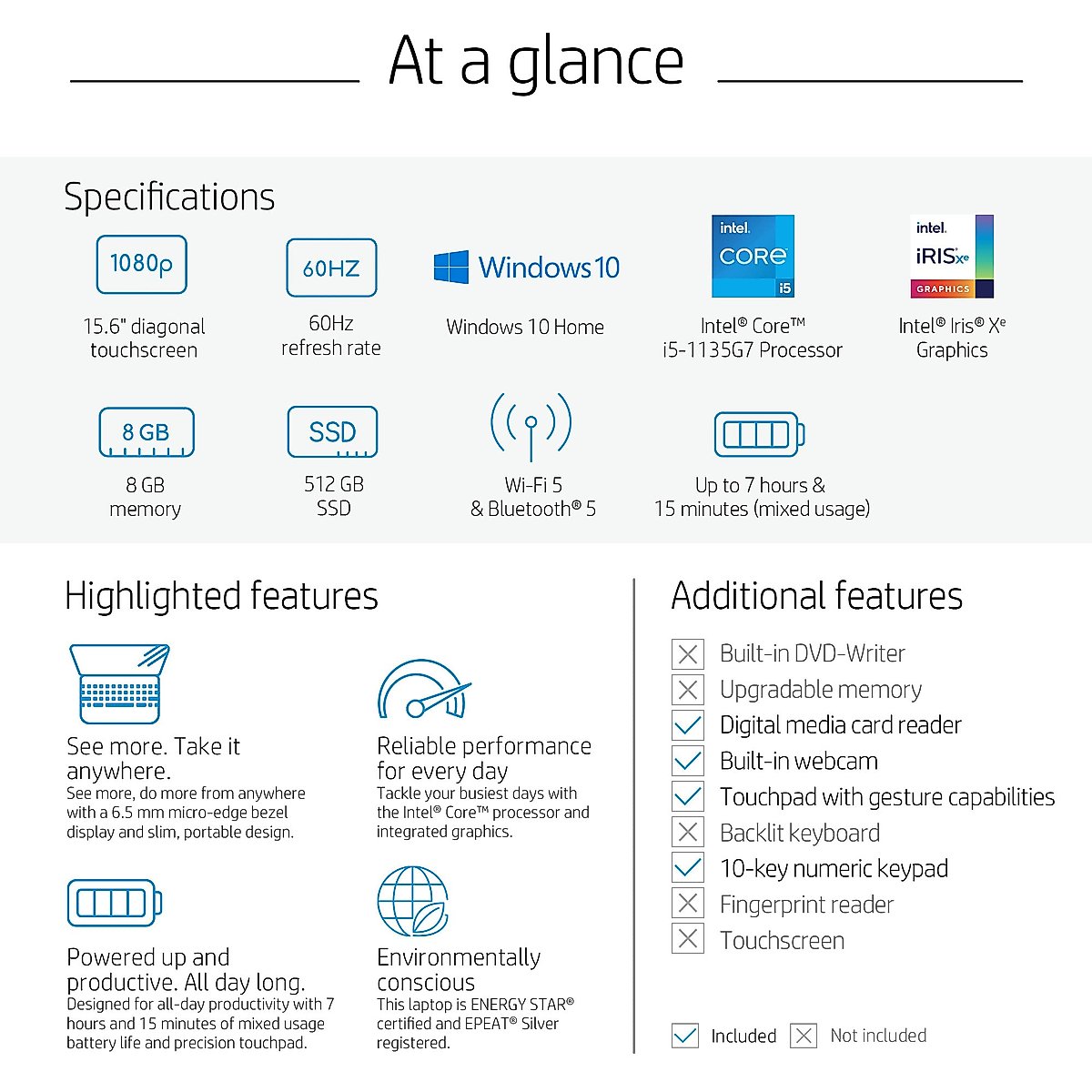 HP 15.6" Full HD Diagonal Laptop, Intel Core i5-1135G7 Processor, 8GB DDR4, 512GB SSD, 802.11ac, Bluetooth 4.2, HDMI, Windows 10, W/Valinor Accessories