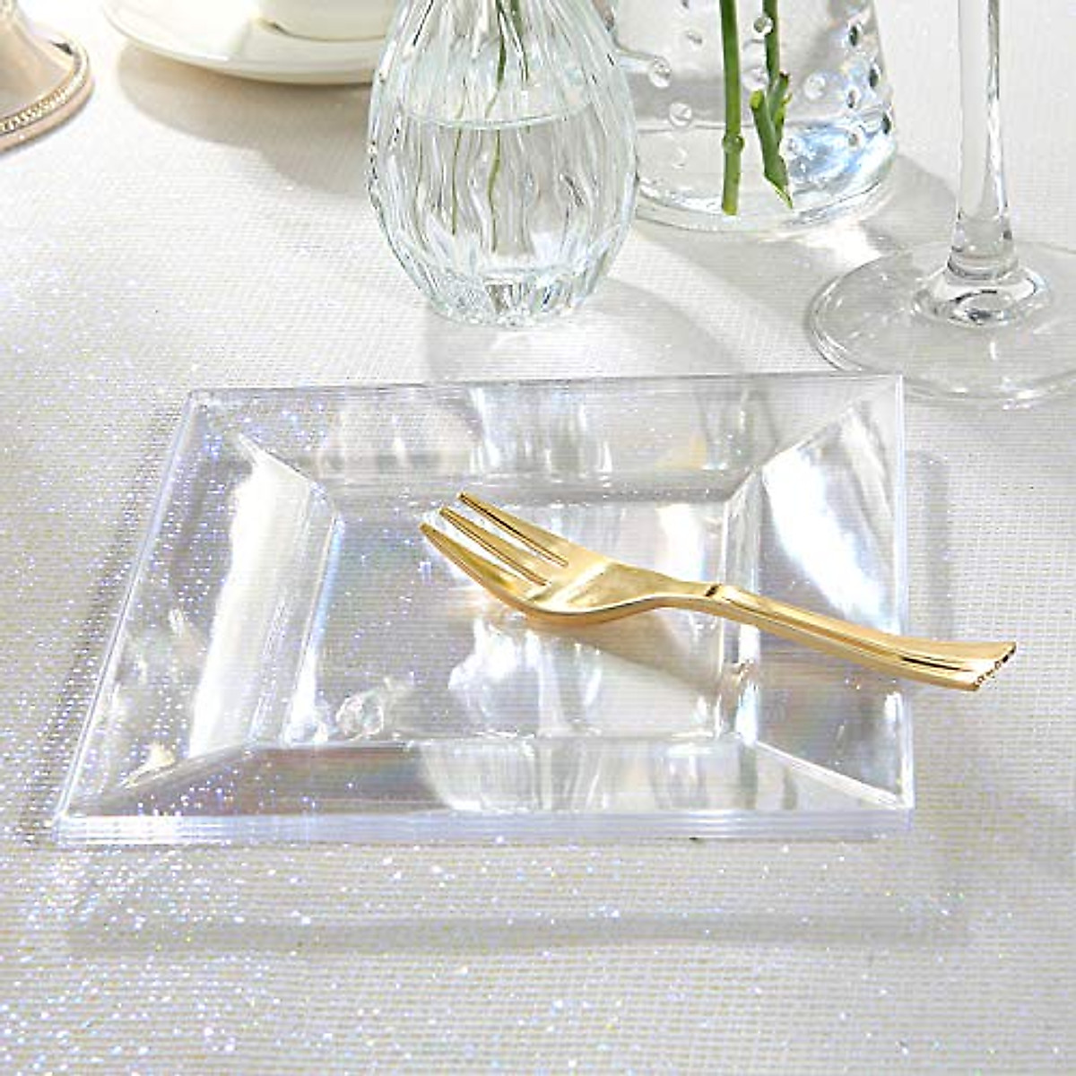 100pcs Square Dessert Plates with 100pcs Gold Dessert Forks, Clear Premium Plastic Salad Plates, Party Essentials Appetizer Plates,Gold Plastic Silverware, 6" Clear Dessert Plates and 5" Gold Forks