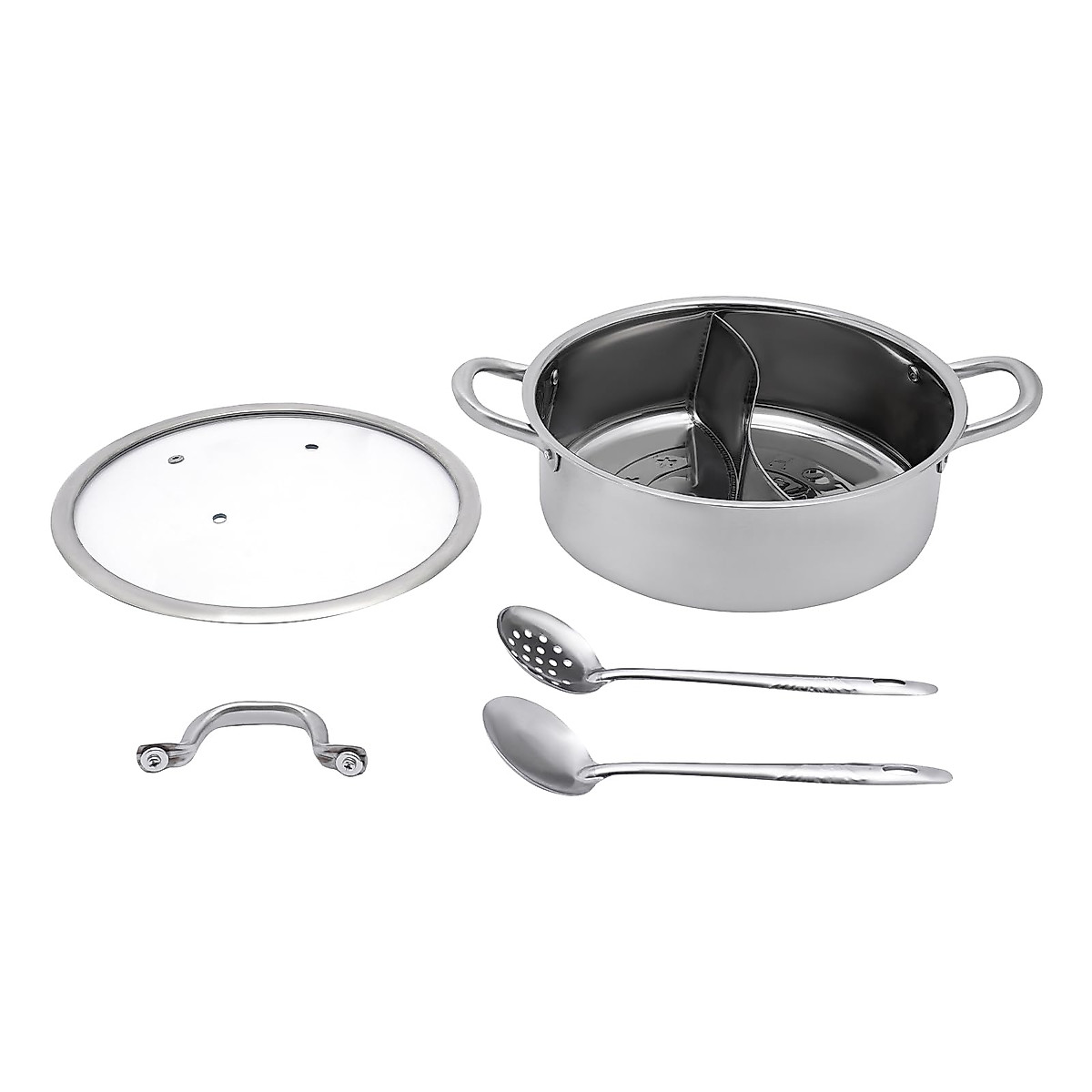 Stainless Steel Hot Pot with Divider,Pot with Glass Lid, Hot Pot with Spoon/Leaky Spoon for Kitchen Cooking Hotels Restaurants Home