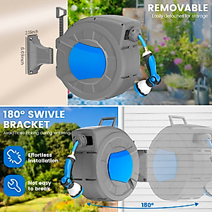 REDUCTUS Retractable Garden Hose Reel Wall Mount, 1/2" x 100 ft + 6.5 ft Retractable Hose Reel with 10 Pattern Nozzle, Automatic Slow Rewind System/Lock Any Length/180°Swivel Hose Reel for Outside