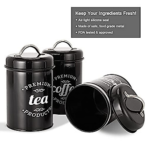 3 Piece Food Jars Canisters Sets, Airtight Coffee Container, Tea Organizer, And Sugar Canister, Rustic Farmhouse Decor for Kitchen Countertop (Black)