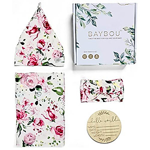 Baybou Baby Swaddle Set Bamboo Receiving Blanket for Hospital Swaddle Hat Bow Wood Announcement Gift Set for New Baby Arrival 4-Piece Complete Swaddle Set (Pink Rose)