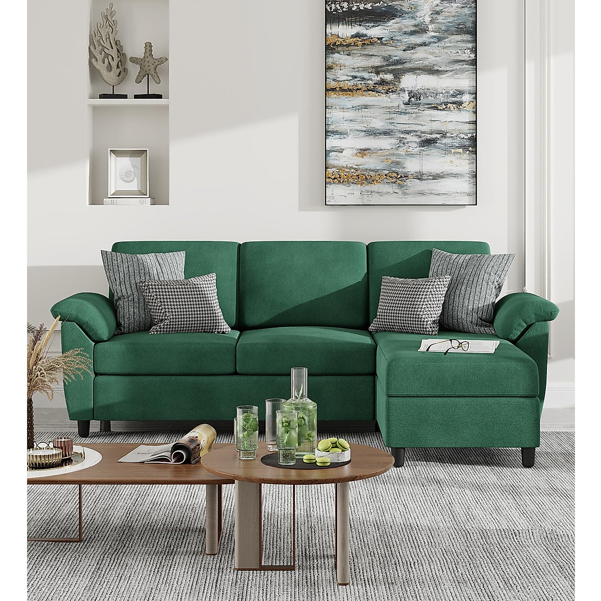 Vongrasig 79" Convertible Sectional Sofa Couch, 3 Seat L Shaped Sofa with Removable Pillows Linen Fabric Small Couch Mid Century for Living Room, Apartment and Office, Green