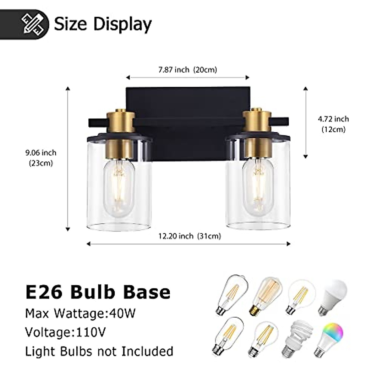 stambord 2 Light Bathroom Vanity Light, Black and Gold Bathroom Light Fixtures, Sconces Wall Lighting with Glass Shade, Modern Farmhouse Vanity Lighting fixtures for Bathroom, Bedroom, Hallway