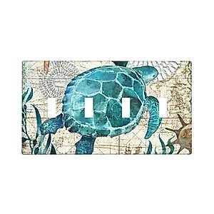 Sea Turtle Quad Toggle Light Switch Cover 4 Gang Decorative Wall Plate for Kids Girls Bedroom Kitchen Funny Room Decor 8" X 4.50"