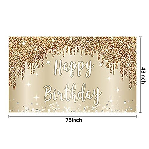 Gold White Happy Birthday Banner Decorations for Women Girls, Gold Glitter Happy Birthday Backdrop Party Supplies, 16th 18th 21st 30th 40th 50th 60th Birthday Background Poster Decor(72.8 x 43.3 Inch)