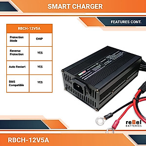 reBel Batteries - 12V LiFePO4 Charger 5 Amp Intelligent Chip CC/CV Multistage Lithium Battery Charger Ring Terminals Plus Alligator Clips