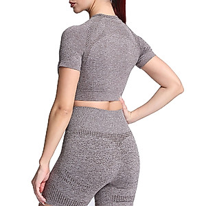 Aoxjox Women's Workout Vital Short Sleeve Seamless Crop Top Yoga Gym Sport Shirts T Shirt (Vital Coffee Marl, Small)