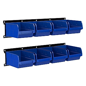UNITEDPOWER Wall Mounted Garage Storage Bin, Parts Rack, Plastic Hanging Stackable Storage Bin, Hardware Tool Organizer for workshop, Craft Room, school and Shop, 8 Bins 2 Rails (Blue)