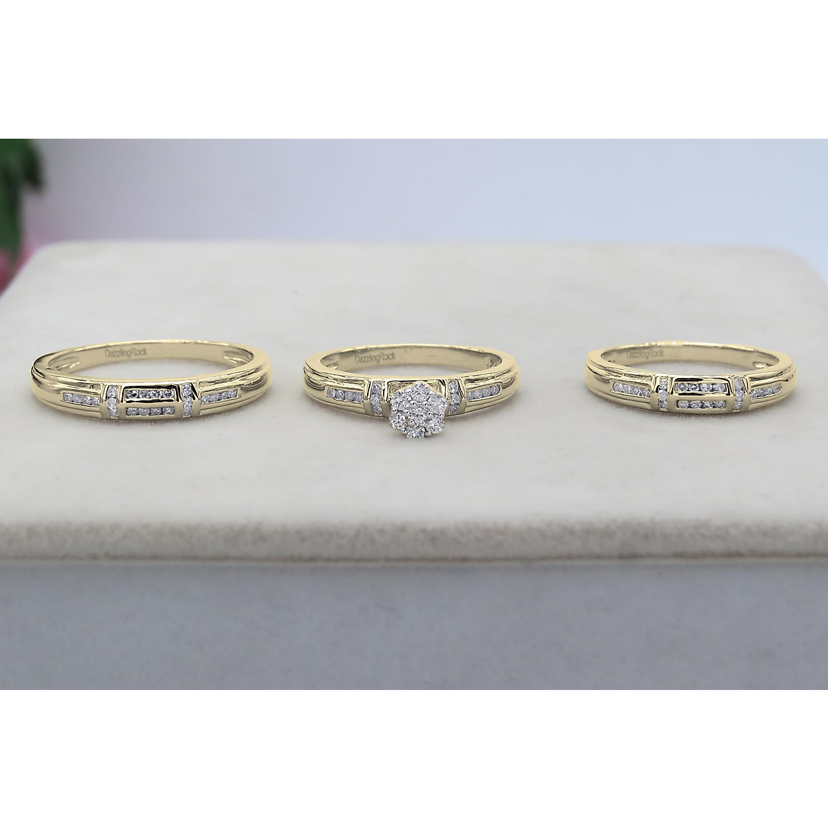Dazzlingrock Collection 0.50 Carat (ctw) Round White Diamond Unisex Cluster Engagement Trio Ring Set in 14K Solid Yellow, W-7.5 & M-13