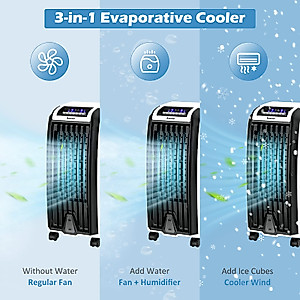 COSTWAY Evaporative Cooler, Portable Cooling Fan with Remote Control, 3-Mode, 3-Speed and 7.5H Timer Function, Include Ice Crystal Boxes, Water Tank and Casters, Bladeless Cooler for Home Office