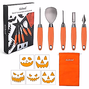Aichoof Pumpkin Carving Kit, Set of 11 Included 5pcs Pumpkin Carving Tool, 5pcs Pattern Stencils and Drawstring Storage Bag,Stainless Steel Blade with Soft Grip Handle,Gift Box Package,Dishwasher safe