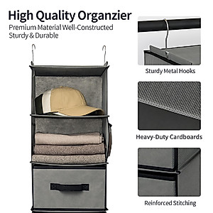GRANNY SAYS 6-Shelf Hanging Closet Organizer, Separable to 2 Pack 3-Shelf, Closet Organization and Storage with 3 Different Drawers, 4 Side Pockets Wardrobe Clothes Organizer, Gray, 1-Pack