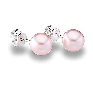Genuine Fine European Crystal 8mm Round Simulated Pearl S925 Solid Sterling Silver Stud Earrings For Women (Crystal Pink)