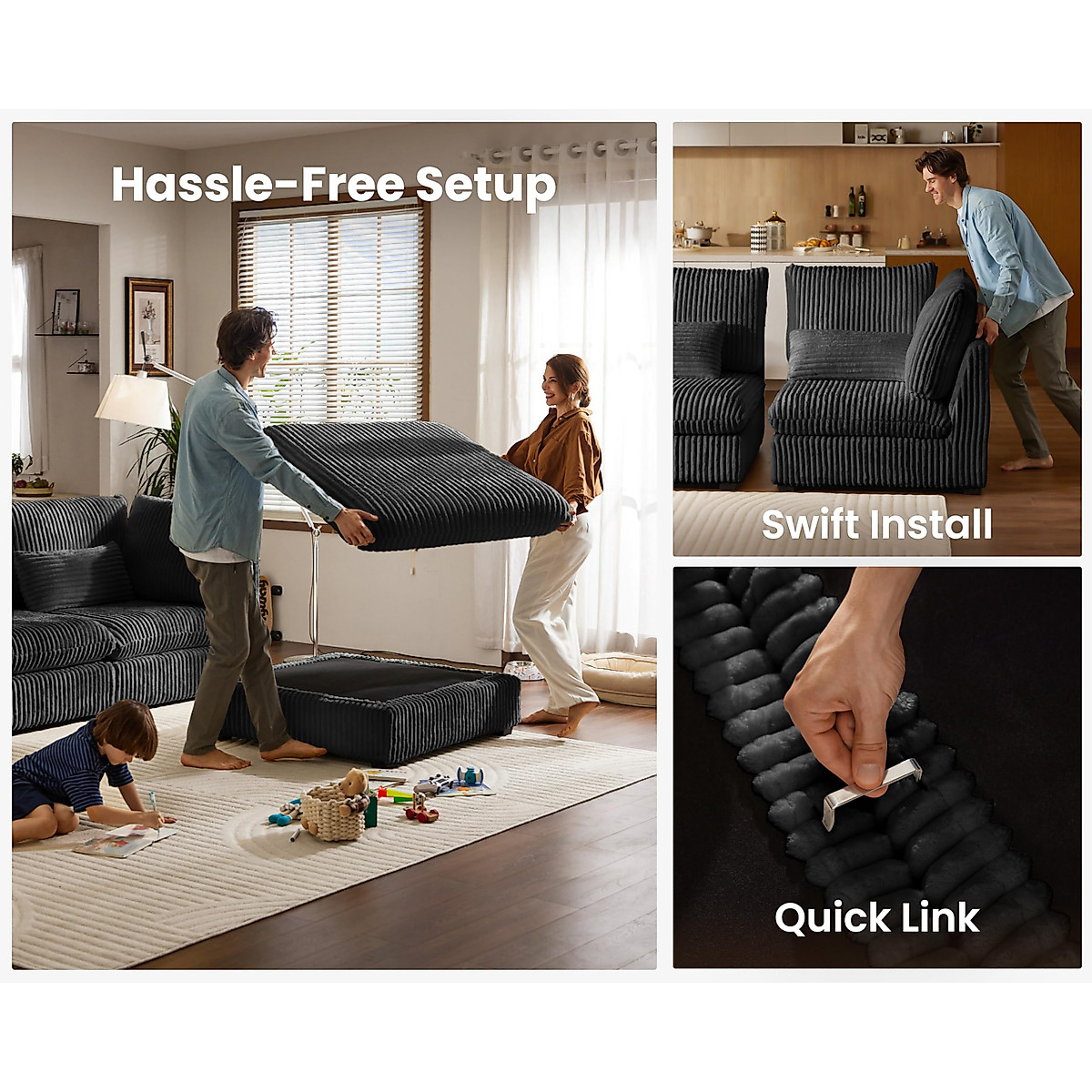 Cloud Oversized Modular Sofa, 120" Corduroy Wide Seat Sectional with Reversible Chaise, Shaped Couches Modern Comfy Fluffy Cushion Sleeper Sofa Bed with Convertible Ottoman for Living Room 5 Seater