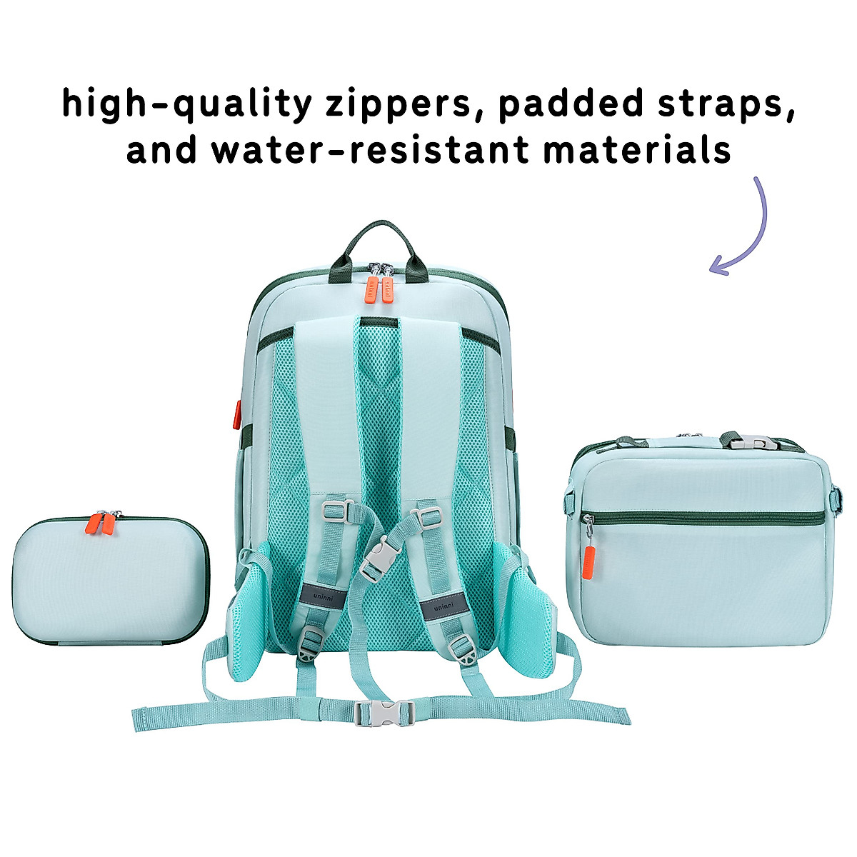 uninni Mint 16'' Kids Backpack Set for Age 6+,fits for height 3'9" above kids with Lightweight Insulated Lunch Bag and Cute Pencil Case for Boys and Girls