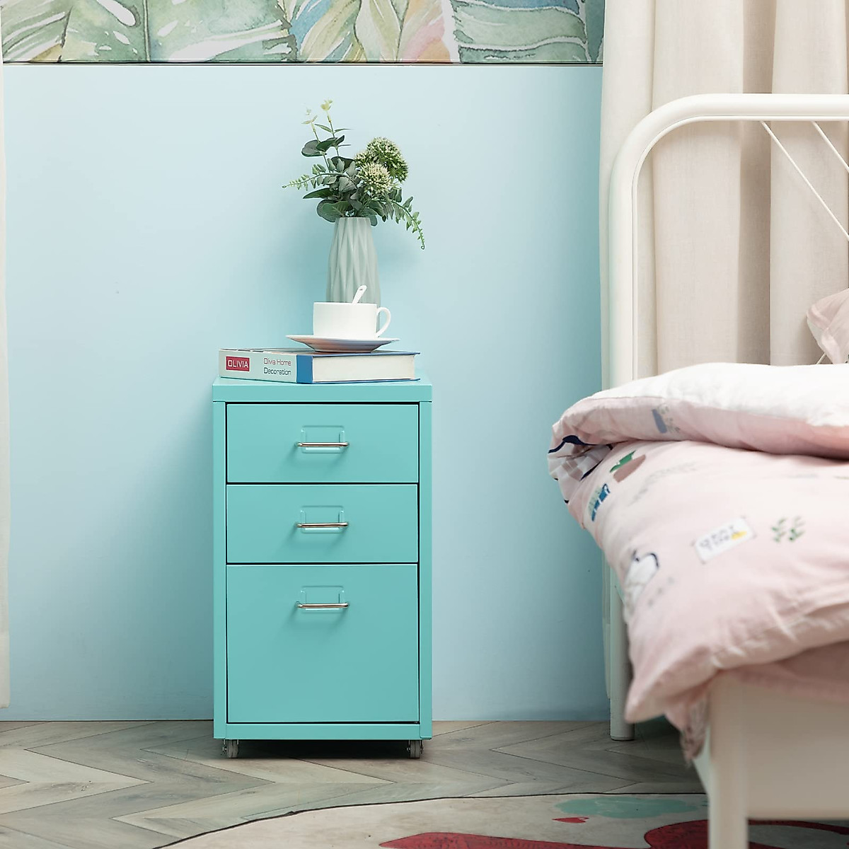 HollyHOME 3-Drawer Mobile Classification Storage Cabinet, Under Desk for A4 Mini File Cabinet, Mobile File Cabinet with Wheels for Home and Office, Blue