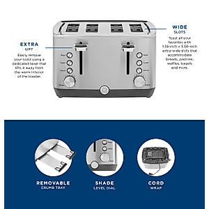 GE Stainless Steel 4 Slice Toaster | Extra Wide Slots for Bagels, Breads, Waffles & More | 7 Shade Options | Countertop Kitchen Essentials | 1500 watt