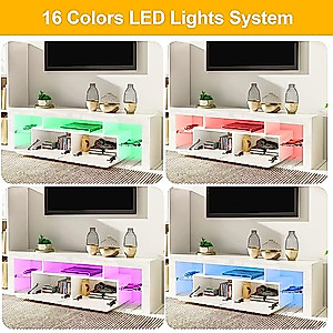 DMIDYLL Modern LED TV Stand for 50 55 65 70 75 inch TV with LED Lights and Storage Drawers, LED Entertainment Center for Living Room, Bedroom, High Gloss White TV Stand Furniture, Television Stands
