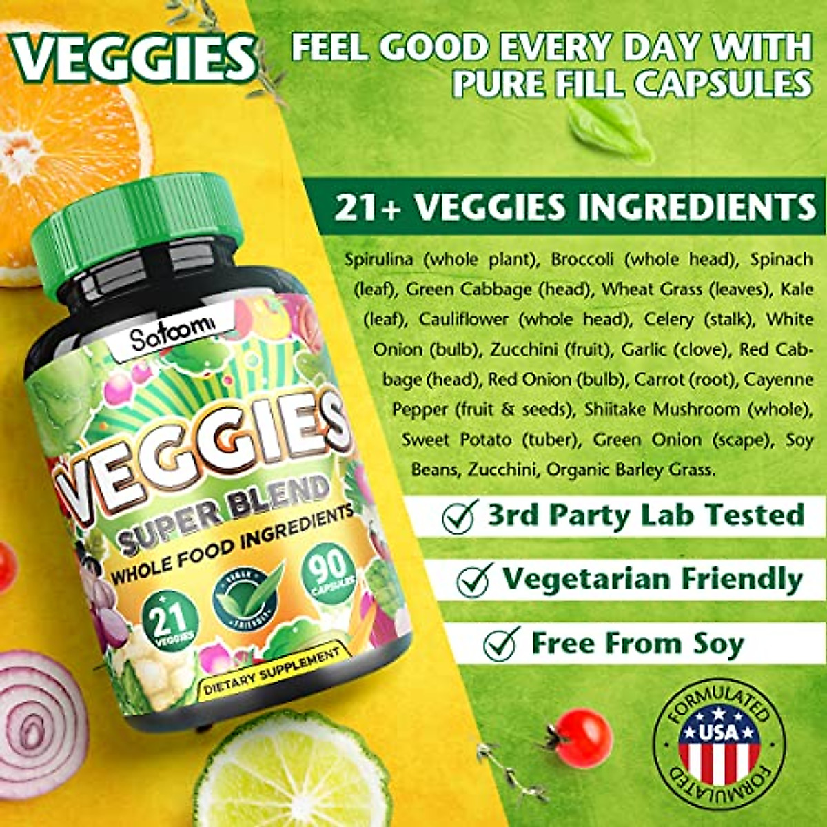 3 Packs - 90 Vegan Capsules Fruits and Veggies Supplement and Fiber & Spice - Extract for Skin, Hair, Nail, Immune, Digestion & Energy Support - 59in1 with Apple, Grape, Carrot, Broccoli & More