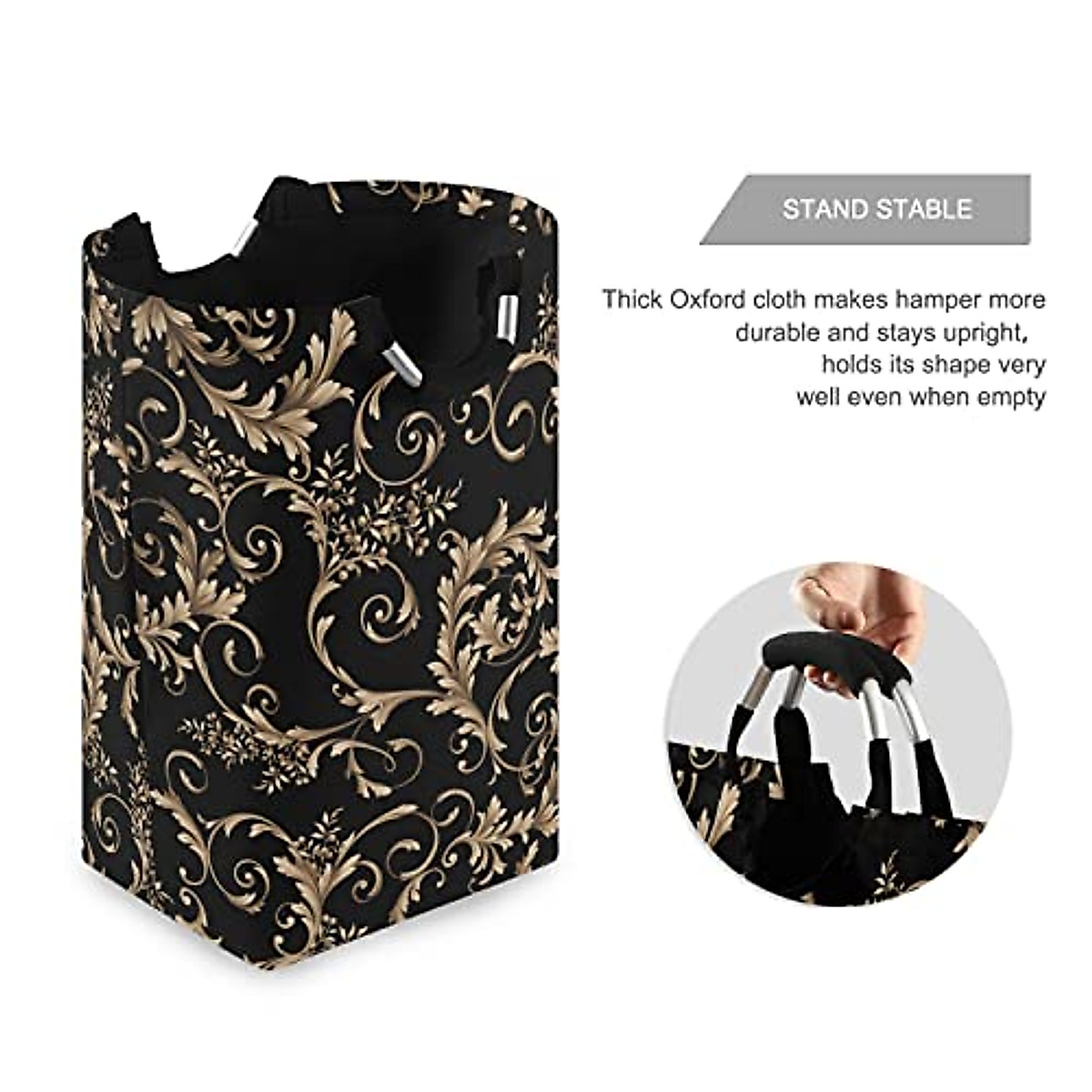 susiyo Large Laundry Basket Gold Black Baroque Pattern, 22.7inch Laundry Bag Hamper Collapsible Storage Bin with Handles