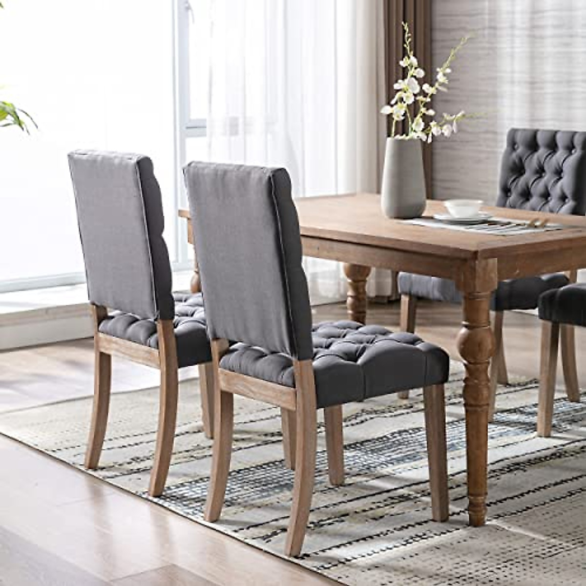 AMNOOL Linen Dining Chair Set of 2 Wooden Frame Tufted Upholstered Dining Chairs with Wooden Legs Desk Chair Side Chair High Back for Kitchen Dining Room Living Room Bedroom (Grey)