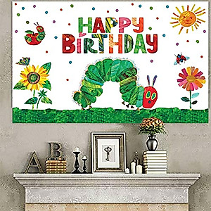 Cartoon Very Hungry Little Green Caterpillar Happy Birthday Banner Kid Reading Story Insects Theme Decor Decorations for 1st Birthday Party Baby Shower Supplies Backdrop Photo Studio Booth Props