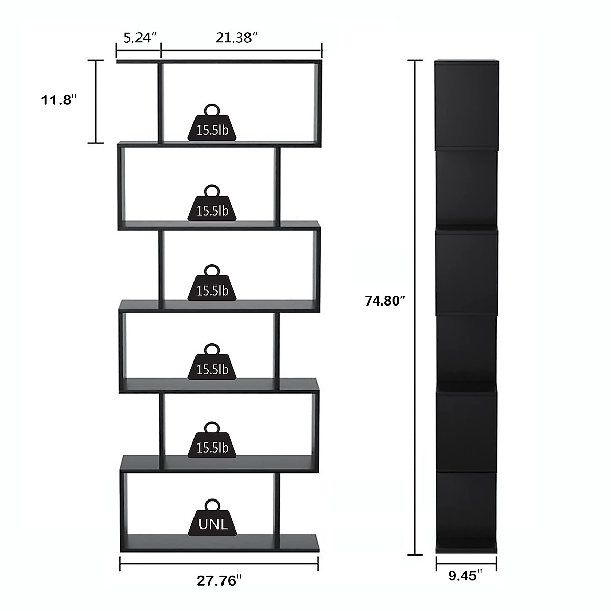 Yusong Bookshelf 6-Tier, Geometric Bookcase S Shaped Book Shelves for Bedroom, Modern Wood Decorative Display Shelf Tall Book Case for Home Office, Black