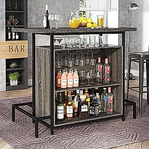 Tribesigns Home Bar Unit, Industrial 3-Tier Liquor Bar Table with Glasses Holder and Wine Storage, Wine Bar Cabinet Set Mini Bar with Footrest for Den Home Pub (Gray)