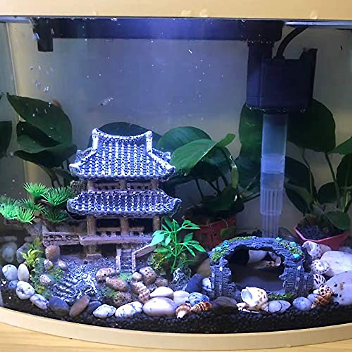 Classical Temple Aquarium Decorations Asian Castle Thematic Safe Resin Ornaments with Plastic Plants Small Fish House Hideout Decor Hiding Places for Freshwater and Saltwater Fish Tank Accessories