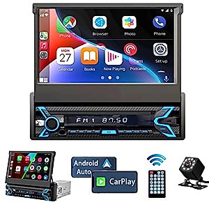 Single Din Car Stereo Compatible with Apple Carplay & Android Auto, 7 Inch Flip Out Touchscreen Car Radio Foldable Car Audio Receivers with Bluetooth/Mirror Link/Camera/FM/SWC/USB/AUX/TF/Subwoofer