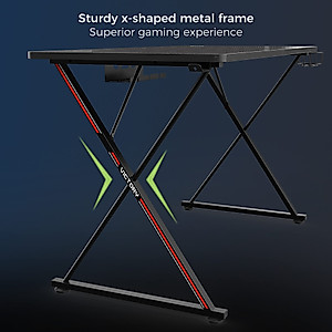 It's_Organized Gaming Desk 47 inch PC Computer Desk Home Office Student Desk X-Shaped with Mouse Pad Cup Holder Headphone Hook Handle Rack,Black