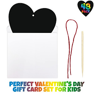 ArtCreativity 48 Pack Scratch Off Valentine Cards for Kids Classroom, Set of 48 Valentine Kids Cards Ink-Free Scratch Off Hearts with Scratch Sticks, Red String, and Envelopes, Valentines Kids Crafts