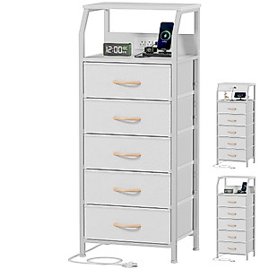 Furnulem 5 Drawers Dresser with Charging Station, Tall Night Stand with Open Shelf, Storage Tower with PVC & Fabric Drawer, Bedside Table for Bedroom, Closet, Entryway, 3 Ways to Use, White