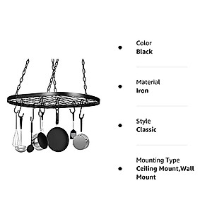 20 Inch Pots and Pans Organizer Hanging Pot Rack Pot and Pan Organizer with 20 S Hooks for Home, Restaurant, Kitchen Cookware, Utensils, Books, Household (Black)