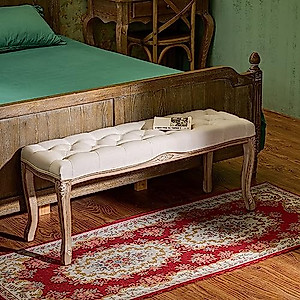 VONLUCE French Vintage Bench with Padded Seat & Rubberwood Legs, 44" Upholstered Entryway Bench & Dining Bench, Tufted Fabric End of Bed Bench for Bedroom Living Room Hallway More, Beige