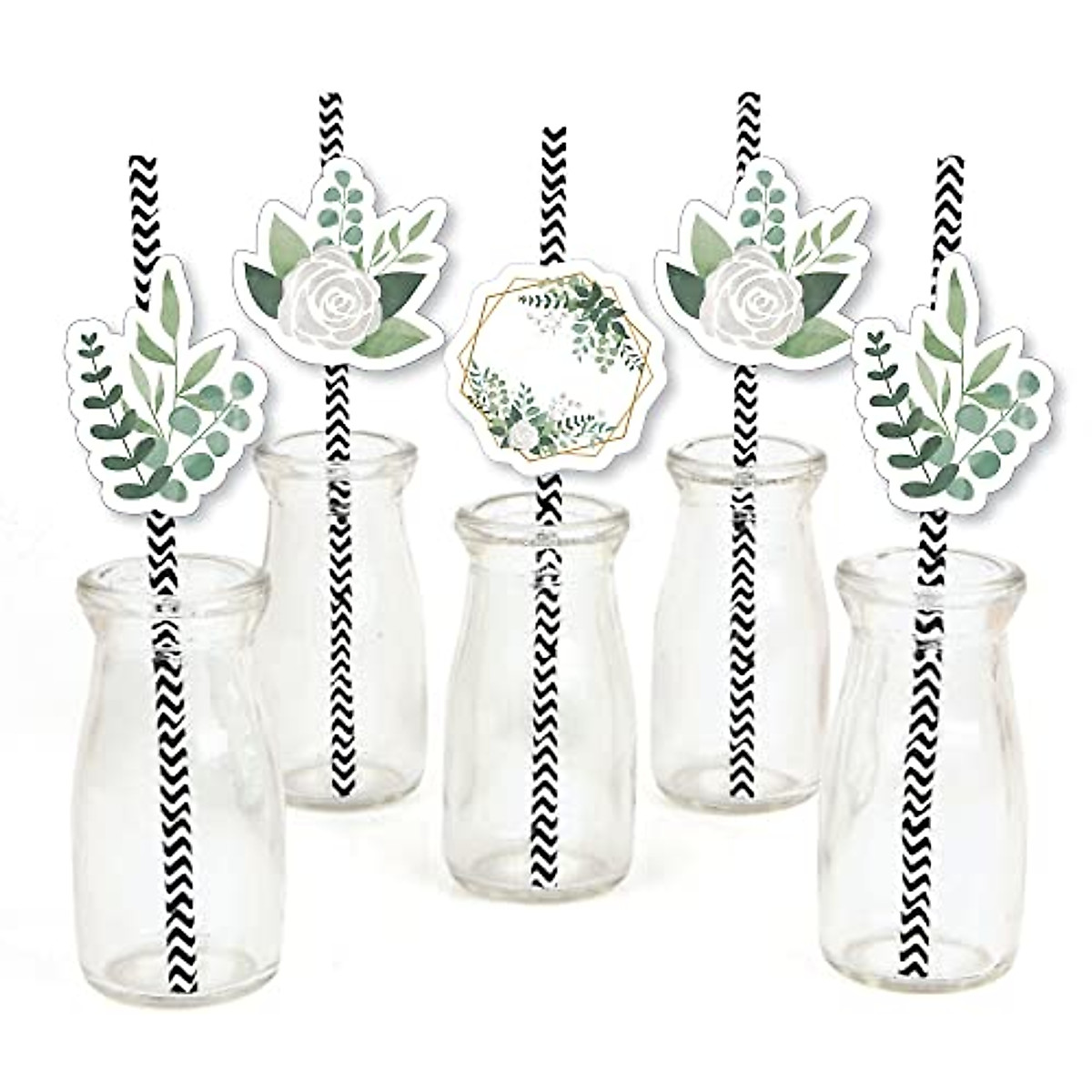 Big Dot of Happiness Boho Botanical - Paper Straw Decor - Greenery Party Striped Decorative Straws - Set of 24