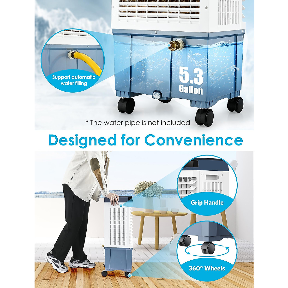 Air Choice Evaporative Air Cooler, 1800CFM Swamp Cooler with 12H Timer, 110° Oscillation, Remote Control & 5.3 Gal Water Tank, 3 Speeds, 4 Ice Packs, 3-in-1 Evaporative Cooler for Outdoor Indoor Use