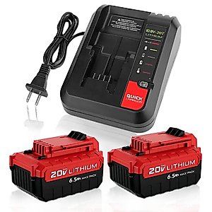 2 Pack 6.5Ah 20V PCC685L Battery Replacement for Porter Cable 20V Battery & PCC692L Charger Combo Compatible with Porter Cable 20 Volt Lithium Batteries PCC680L PCC681L PCC682L PCC685L PCC660B PCC790B