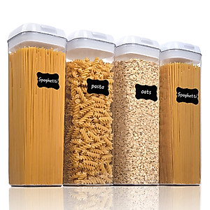 Airtight Food Storage Containers, Vtopmart 4 Pieces BPA Free Plastic Spaghetti Containers with Easy Lock Lids, for Kitchen Pantry Organization and Storage, Include 24 Labels