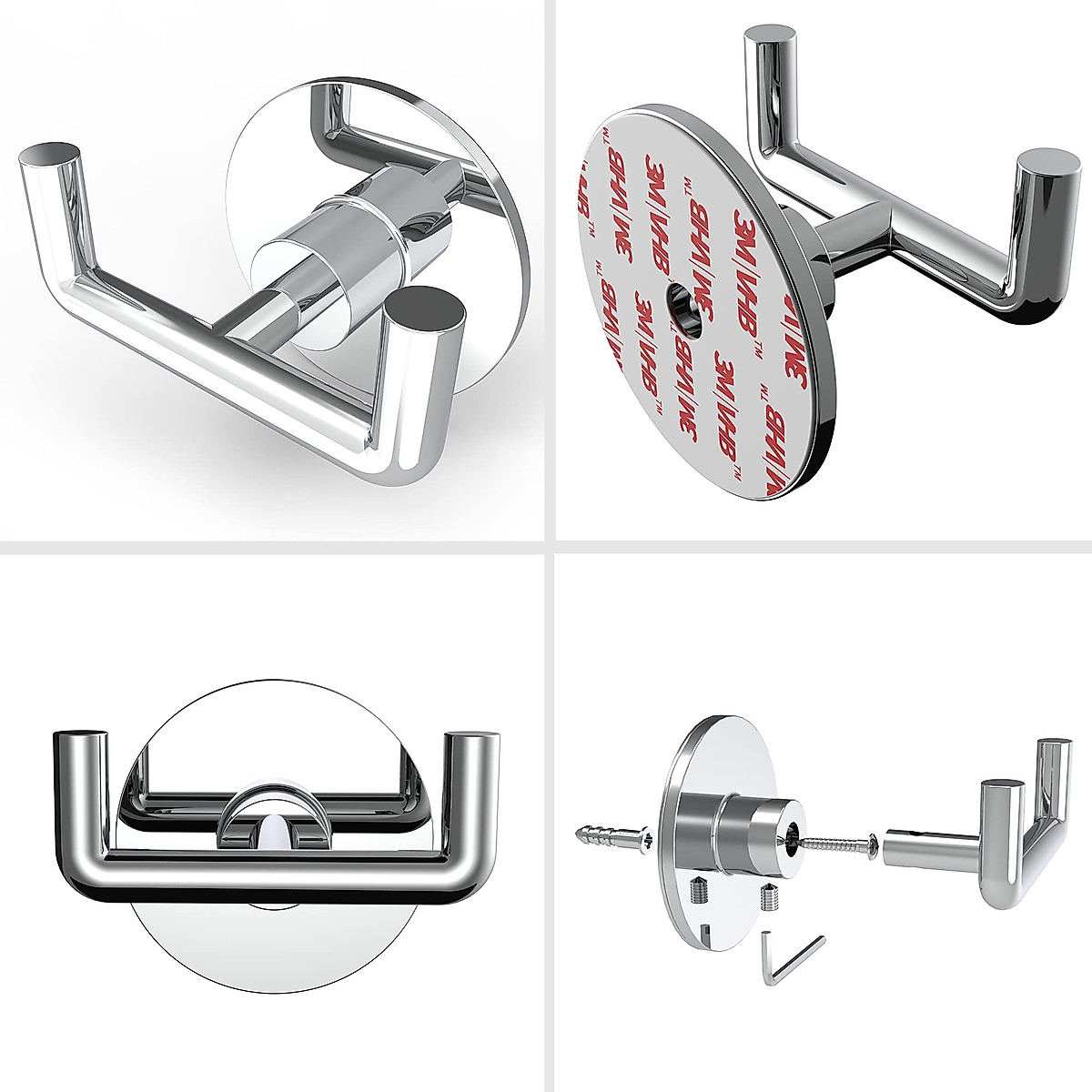 Ruacq Adhesive Double Towel Hook Chrome Round Base Bathroom Robe Self-Adhesive Towel Holder Hand Towel Hanger Stainless Steel and Zinc Alloy Modern Polished Chrome 2 Pack