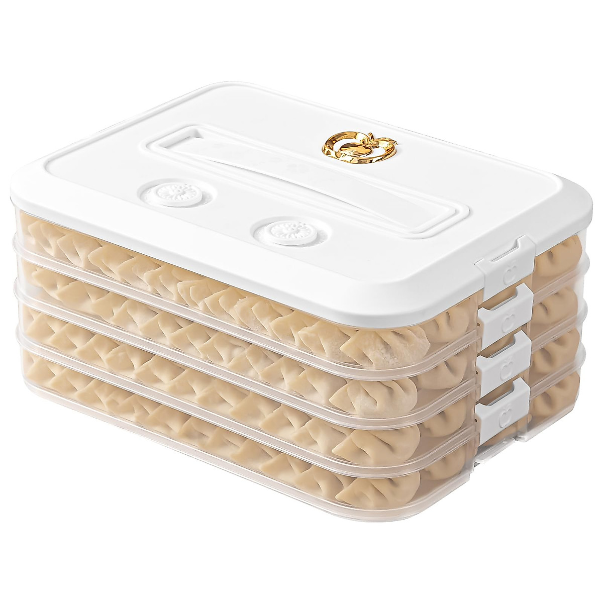 Lunhoo 4 Layer Dumpling Box, Food Storage Containers with Lid and Handle, Stackable Biscuit Storage Box for Kitchen and Fridge (White Lid)