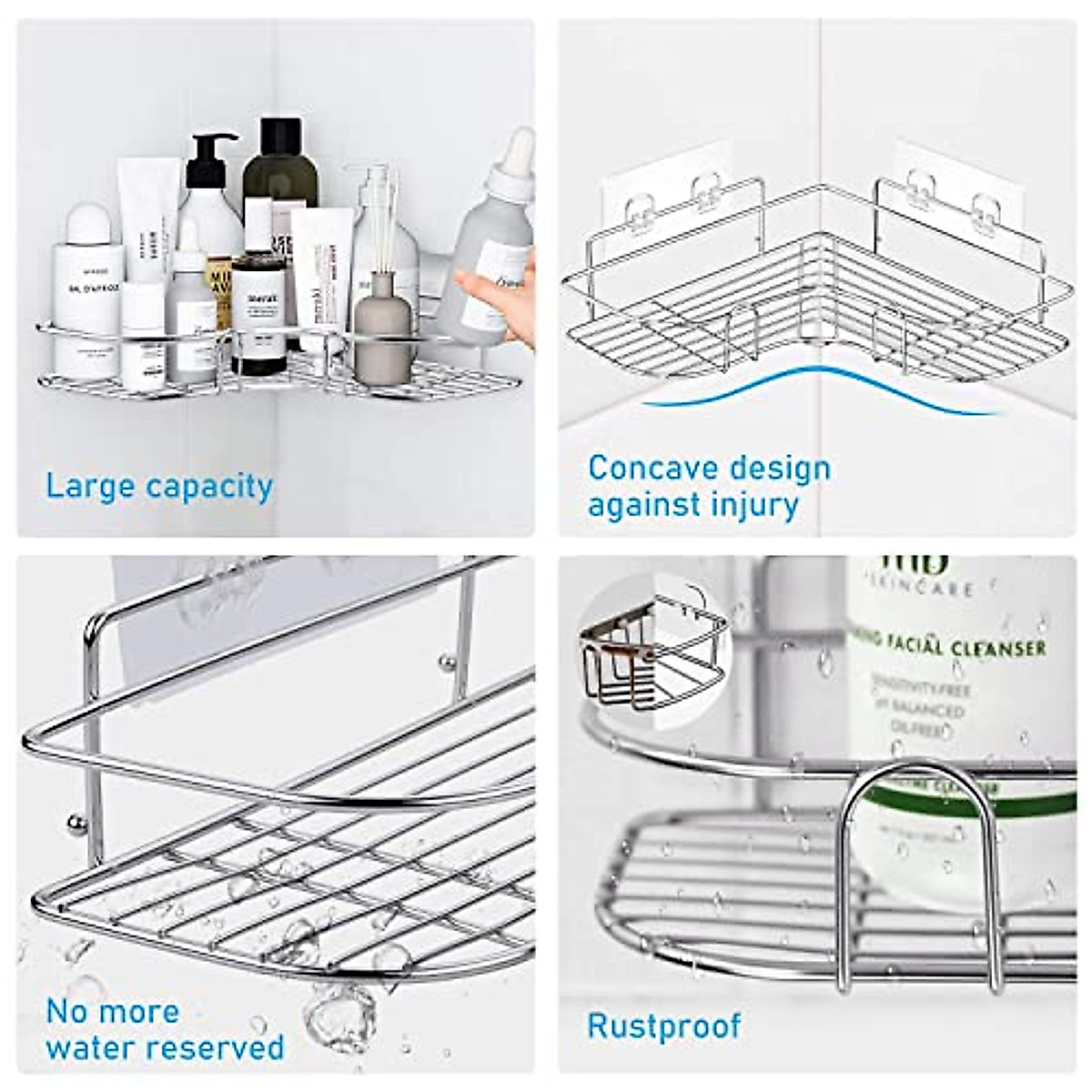 AUYYOSK Shower Caddy Corner,Adhesive Metal Bathroom Shelf Wall Mounted, Non-Drilling Floating Shelf for Bathroom Organizer/Shower Organizer/Kitchen (2 Pack Silver)