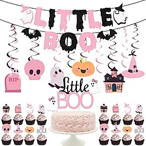 Glitter Pink Little Boo Banner Boo Garland,Bats Decor,Halloween Bats,Halloween Ghost for Halloween Girl Baby Shower,Little Boo Baby Shower Decorations,Pink Black Girl Birthday Party Banner