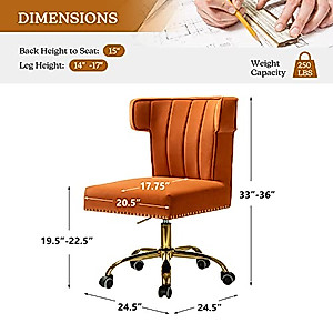 HULALA HOME Velvet Office Chair with Wingback and Decorative Nailhead, Adjustable Swivel Modern Armless Desk Chair, Cute Vanity Chair for Women (Gold Base, Orange)