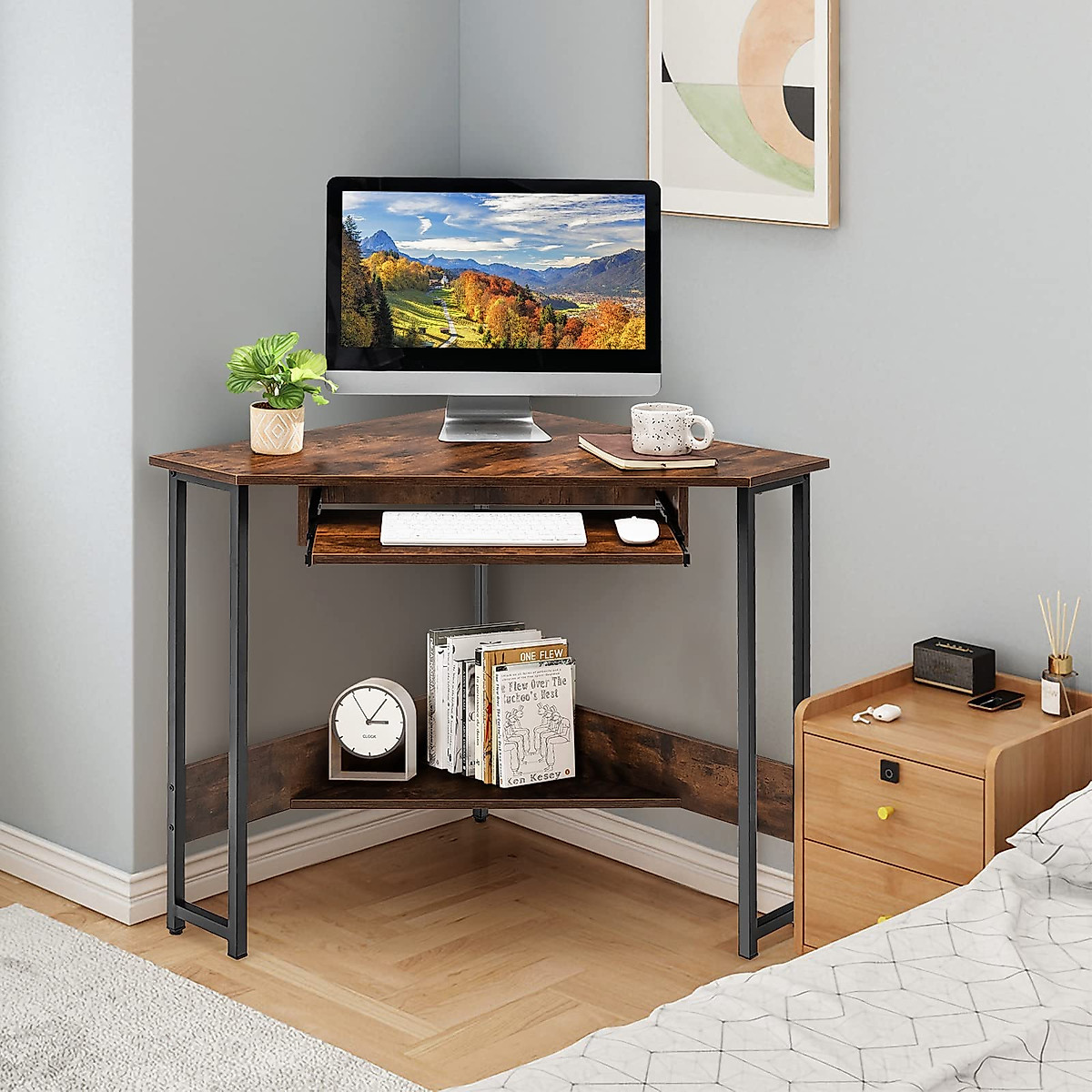 MEDIMALL Triangle Computer Desk, Small Corner Writing Table with Power Outlets, Keyboard Tray & Storage Shelf, Strong Metal Frame, Home Office Workstation Gaming Desk for Small Spaces, Rustic Brown