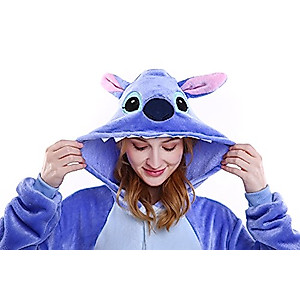 Plustrong Adult Onesie Costume Pajamas Halloween Costumes Animal Onesie Cosplay Sleepwear (Blue Stitch,M)