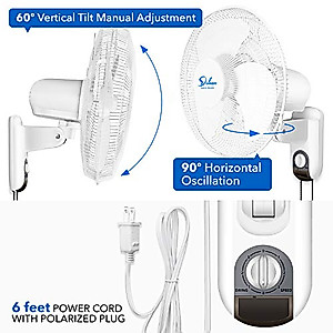 Simple Deluxe Digital Household Wall Mount Fans 16 Inch Adjustable Tilt, 90 Degree, 3 Speed Settings, 1 Pack, White