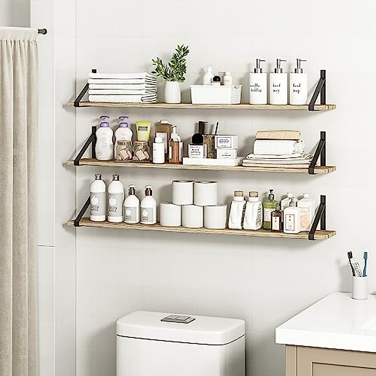 Fixwal Floating Shelves, 36 Inch Wall Bookshelf Set of 3, Large Floating Book Shelves for Wall Decor, Rustic Wood Wall Storage Shelves for Bedroom, Living Room, Kitchen, Bathroom (Carbonized Black)