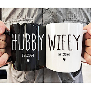 FALJIOK 11oz Coffee Mug Set EST 2024 Wifey & Hubby, Unique Coffee Mug Couples Sets Gift for Engagement Wedding Newly-Married Anniversary, Anniversary Present for Mother Father Grandparent